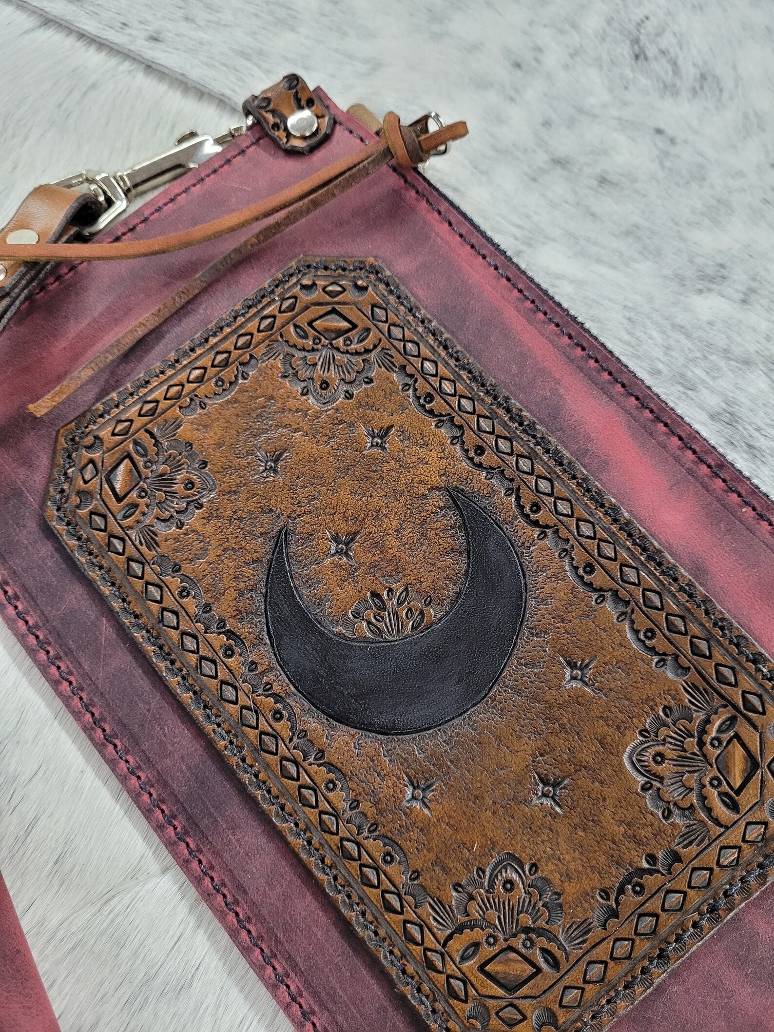 Red Leather Hand Tooled Moon Clutch With Matching Envelope Wallet and ...