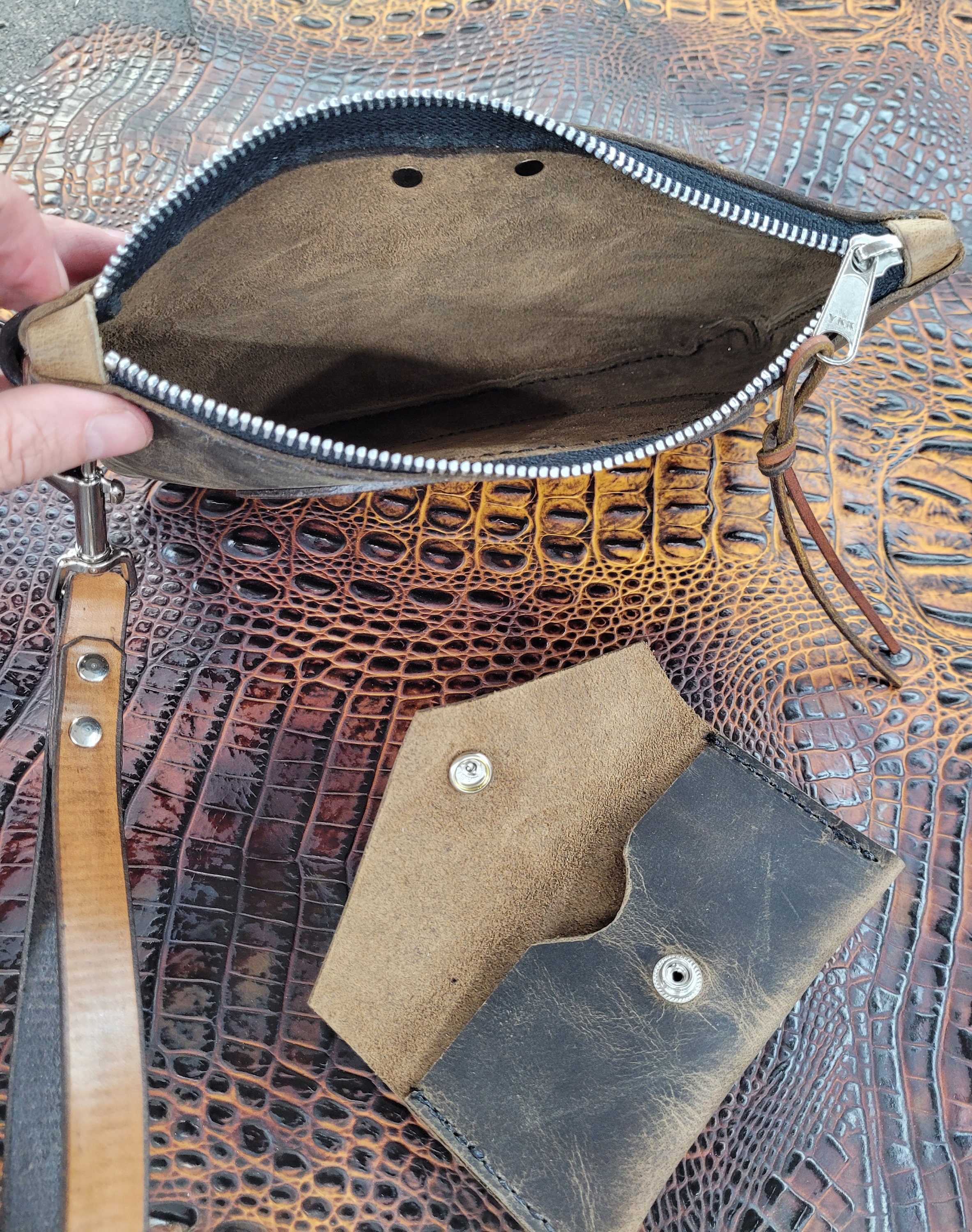 Leather Raven Clutch With Matching Envelope Wallet and Wristlet Strap ...