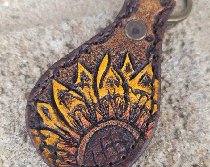 Hand Tooled Leather Sunflower Keychain, Yellow Floral Keyfob With Split ...
