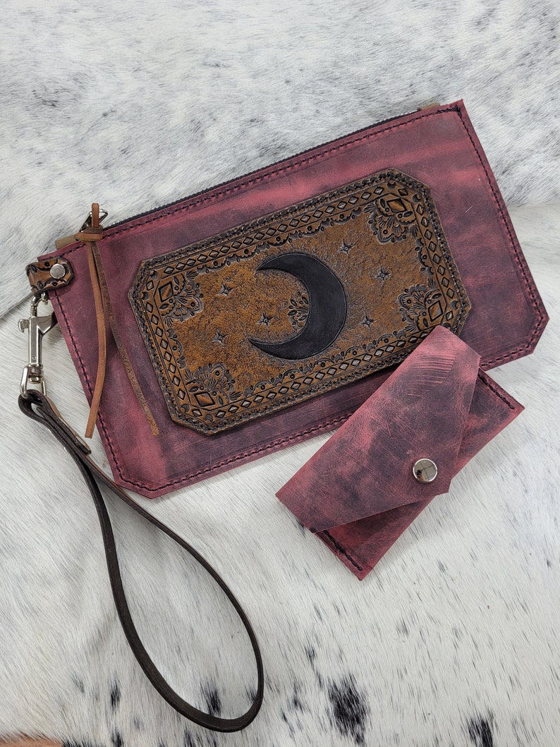 Red Leather Hand Tooled Moon Clutch With Matching Envelope Wallet and ...