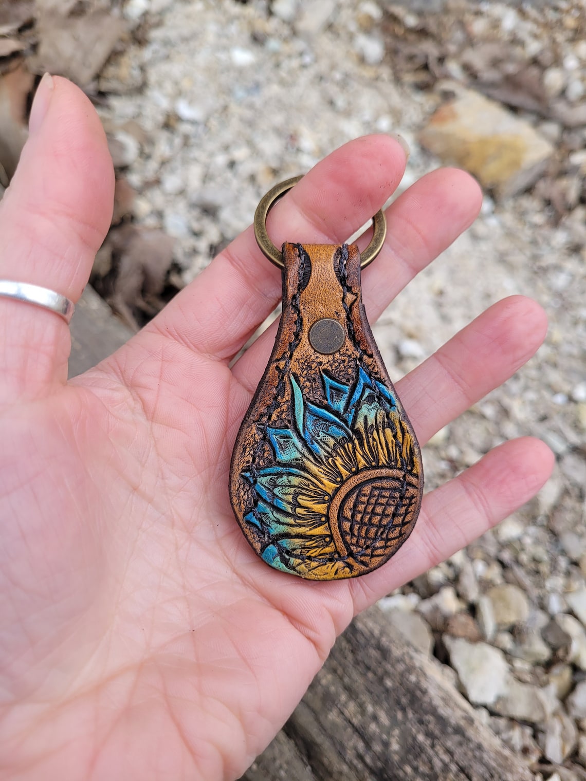 Hand Tooled Leather Turquoise Sunflower Keychain, Blue, and Yellow ...