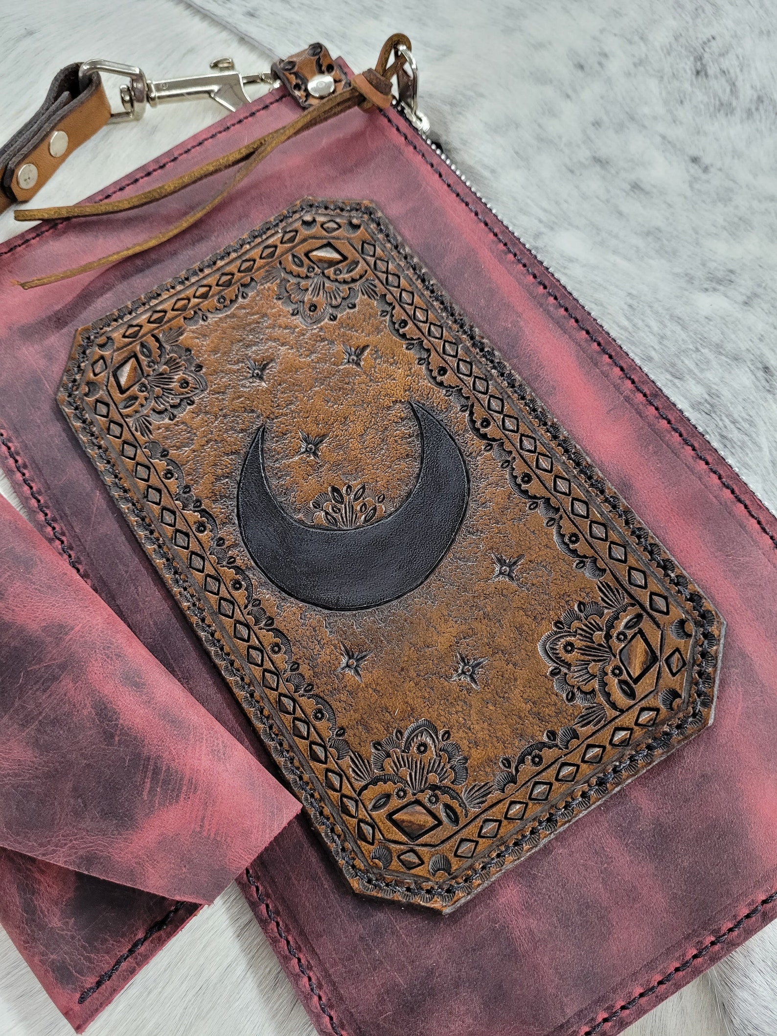 Red Leather Hand Tooled Moon Clutch With Matching Envelope Wallet and ...