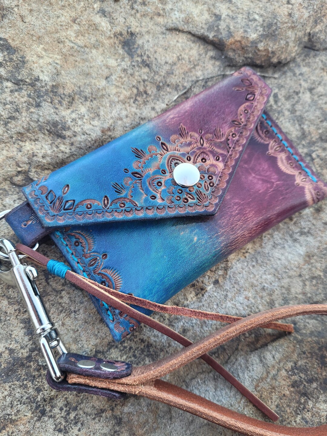 Leather Envelope Wallet With Wristlet Strap, Hand Tooled Burgandy ...