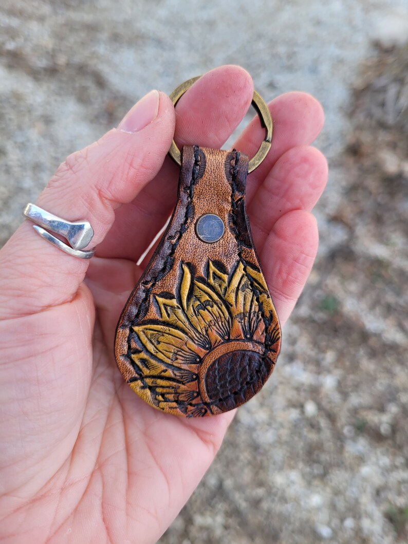 Hand Tooled Leather Sunflower Keychain, Yellow Floral Keyfob With Split ...