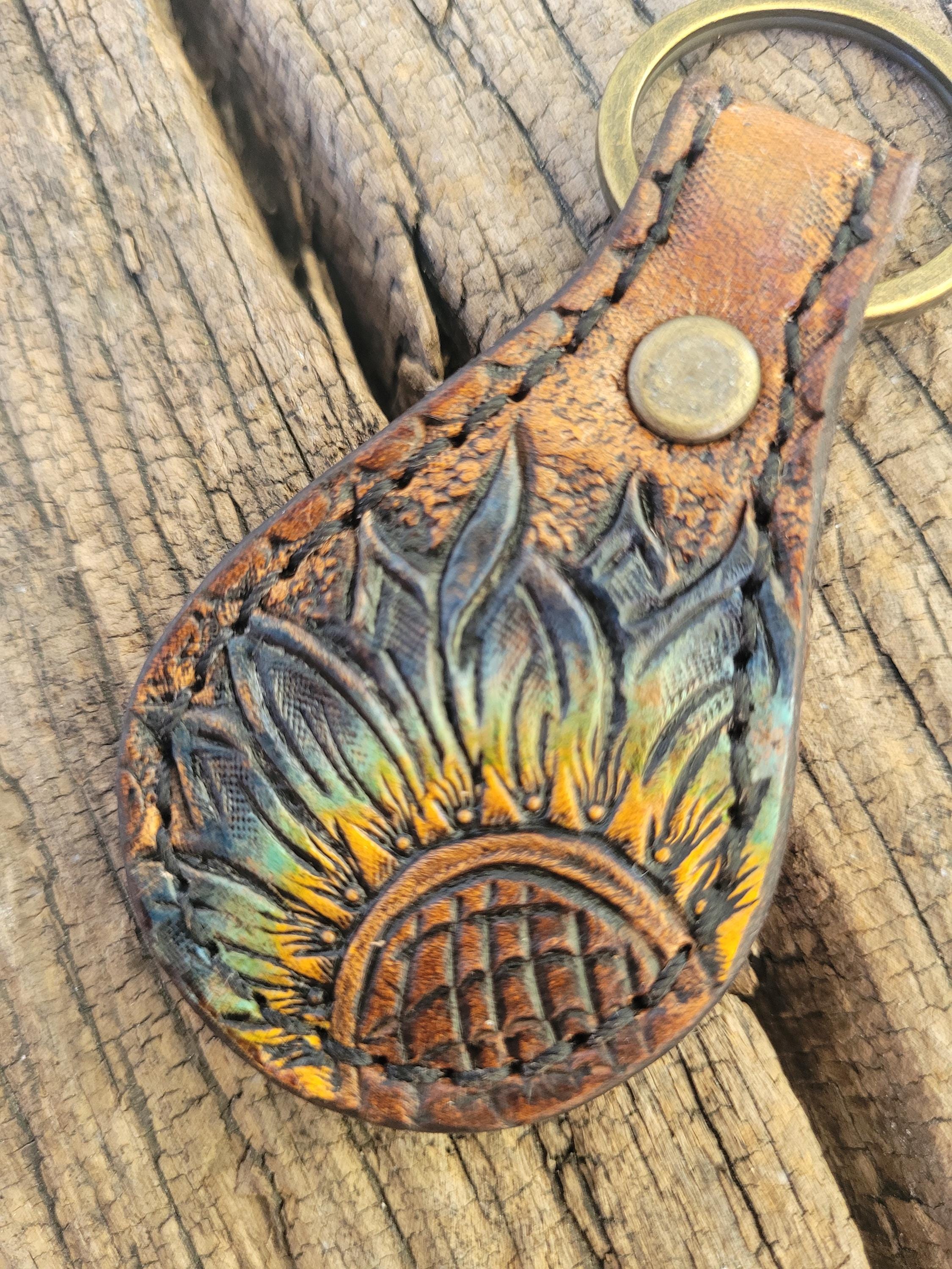 Hand Tooled Leather Turquoise Sunflower Keychain, Blue, and Yellow ...