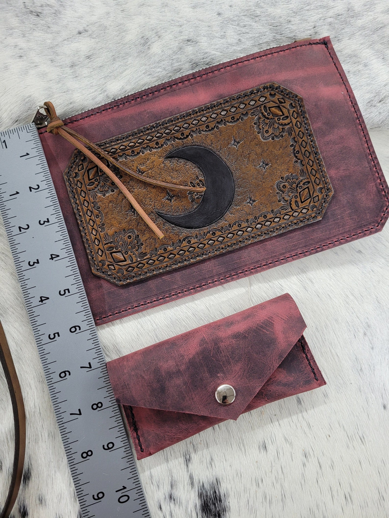 Red Leather Hand Tooled Moon Clutch With Matching Envelope Wallet and ...
