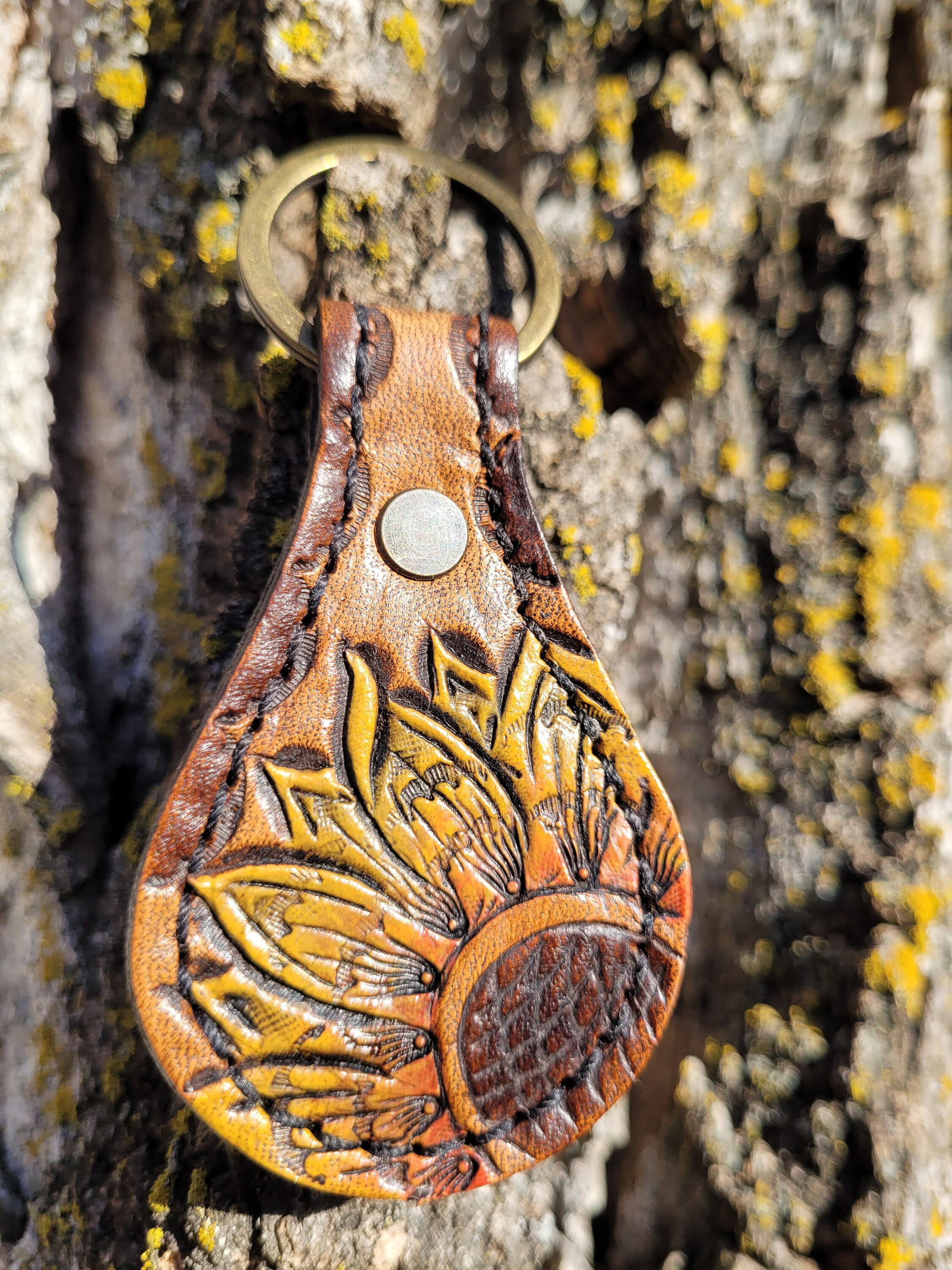 Hand Tooled Leather Sunflower Keychain, Yellow Floral Keyfob With Split ...