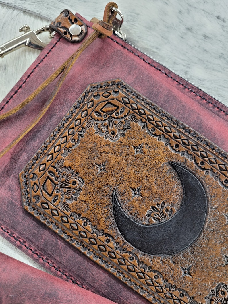 Red Leather Hand Tooled Moon Clutch With Matching Envelope Wallet and ...