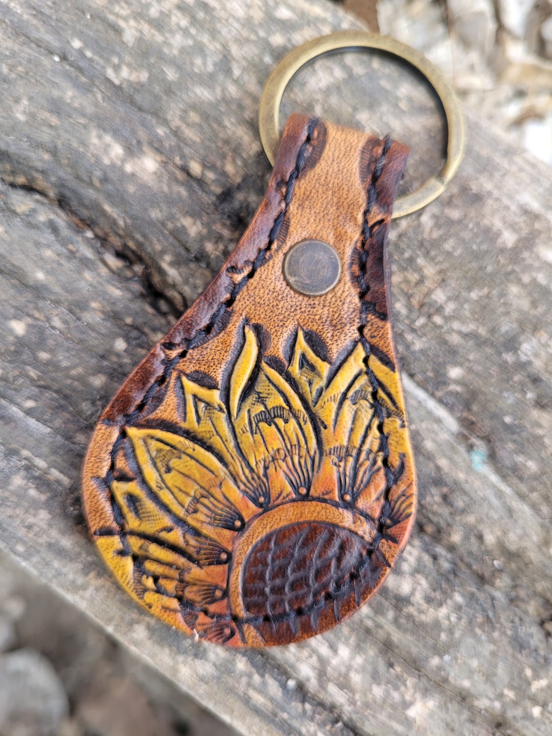 Hand Tooled Leather Sunflower Keychain, Yellow Floral Keyfob With Split ...