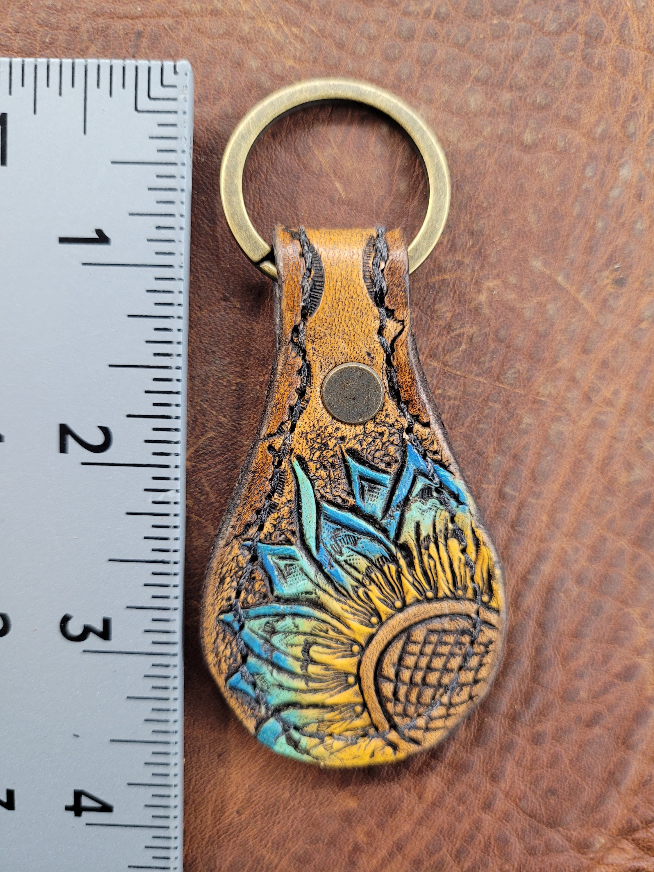 Hand Tooled Leather Turquoise Sunflower Keychain, Blue, and Yellow ...