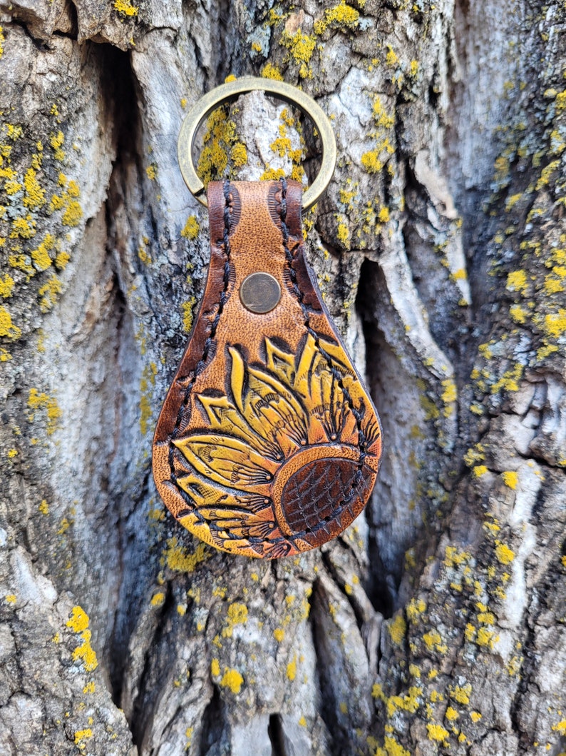 Hand Tooled Leather Sunflower Keychain, Yellow Floral Keyfob With Split ...