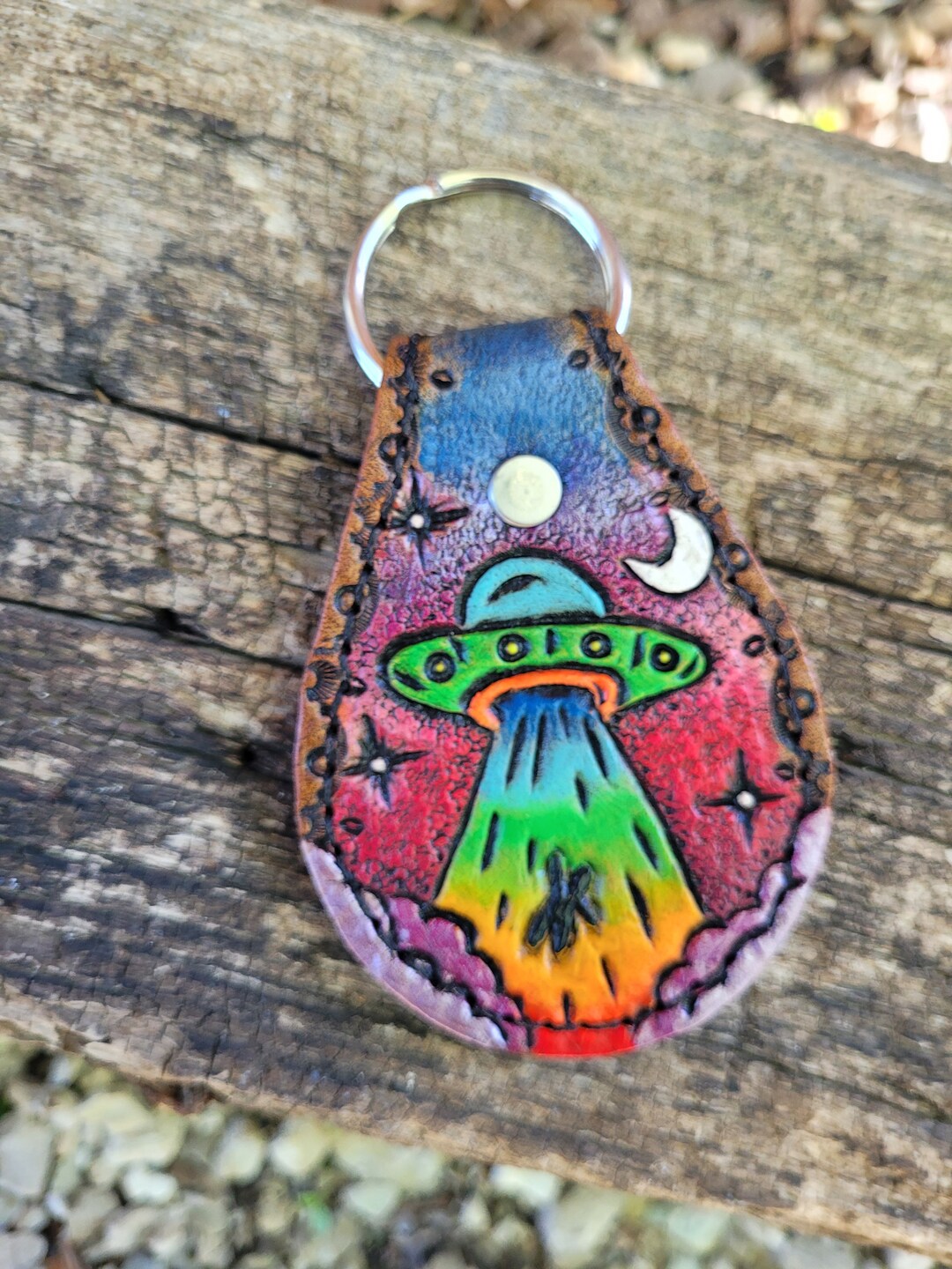 Leather Alien Abduction Keychain, Handtooled Handpainted Key Fob ...
