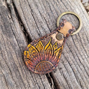 Hand Tooled Leather Sunflower Keychain, Yellow Floral Keyfob With Split ...