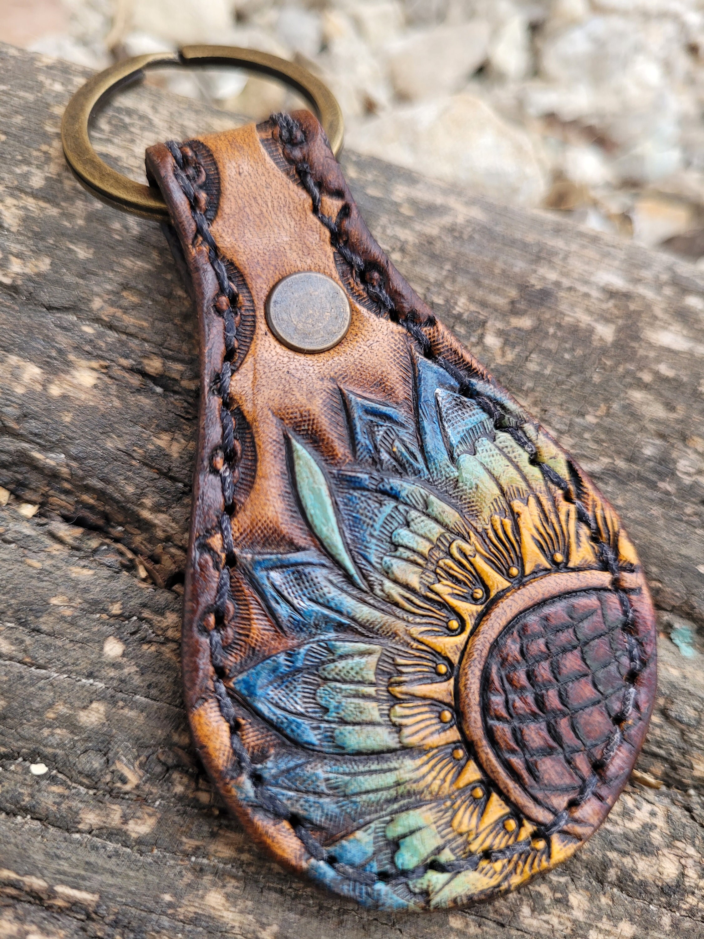 Hand Tooled Leather Turquoise Sunflower Keychain Blue Orange - Etsy