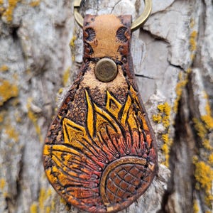 Hand Tooled Leather Sunflower Keychain, Yellow Floral Keyfob With Split ...