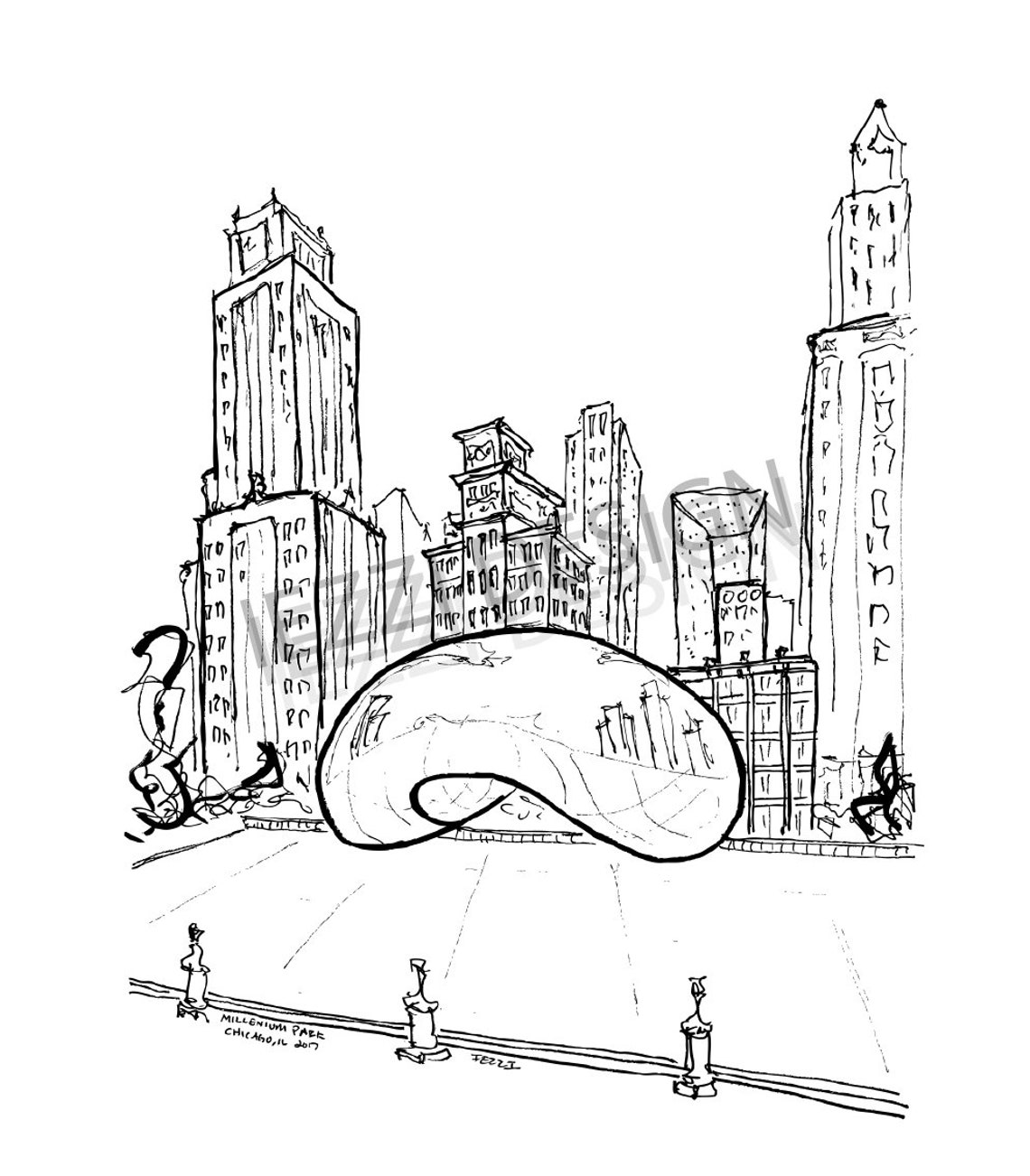 Millennium Park Sketch Art Print Chicago Bean Print Cloud - Etsy