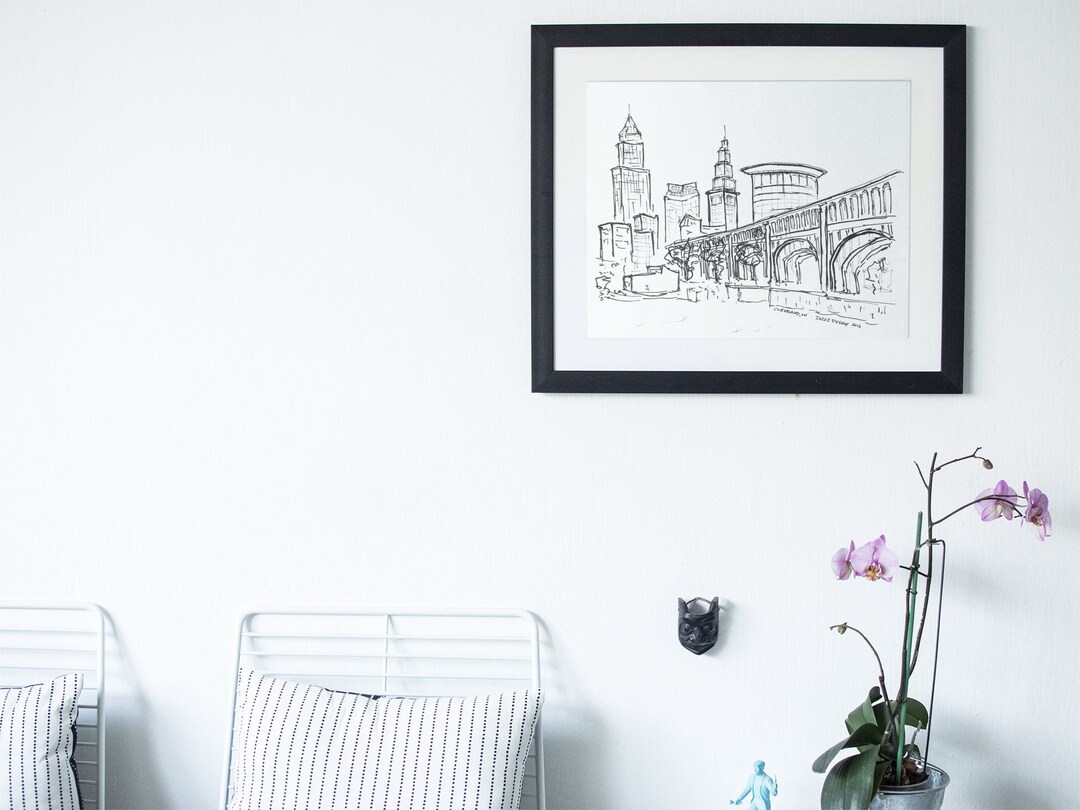 Cleveland Sketch Art Print, Cleveland Skyline, Bridge and Waterfront ...