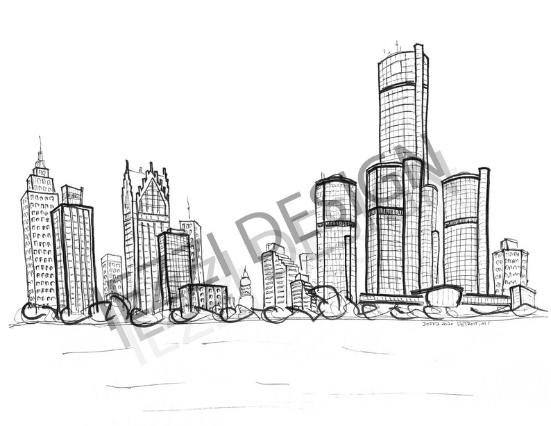 Detroit Skyline Sketch Art Print Metro Detroit Print | Etsy