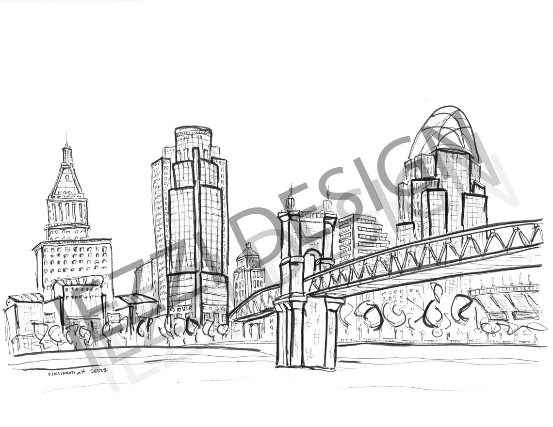Cincinnati Skyline Sketch Art Print Cincy OH Print - Etsy