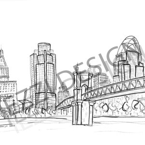 Cincinnati Skyline Sketch Art Print, Downtown Cincinnati Wall Art ...