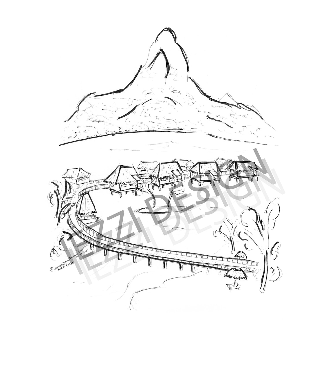 Bora Bora Sketch Art Print, French Polynesia Art, Pacific Ocean Island ...