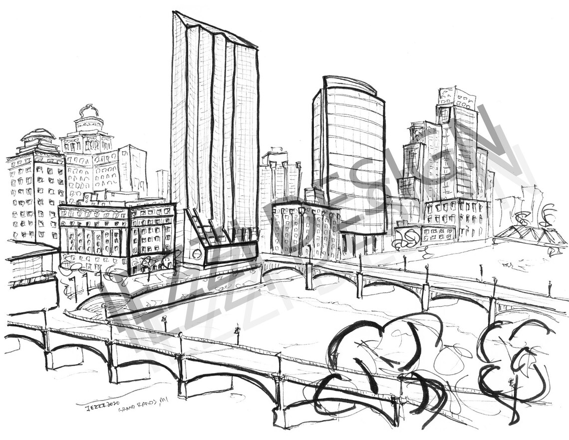 Grand Rapids Skyline Sketch Art Print Michigan Art Grand - Etsy