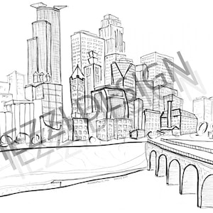 Minneapolis Skyline Sketch Art Print, Downtown Minneapolis MN Print ...