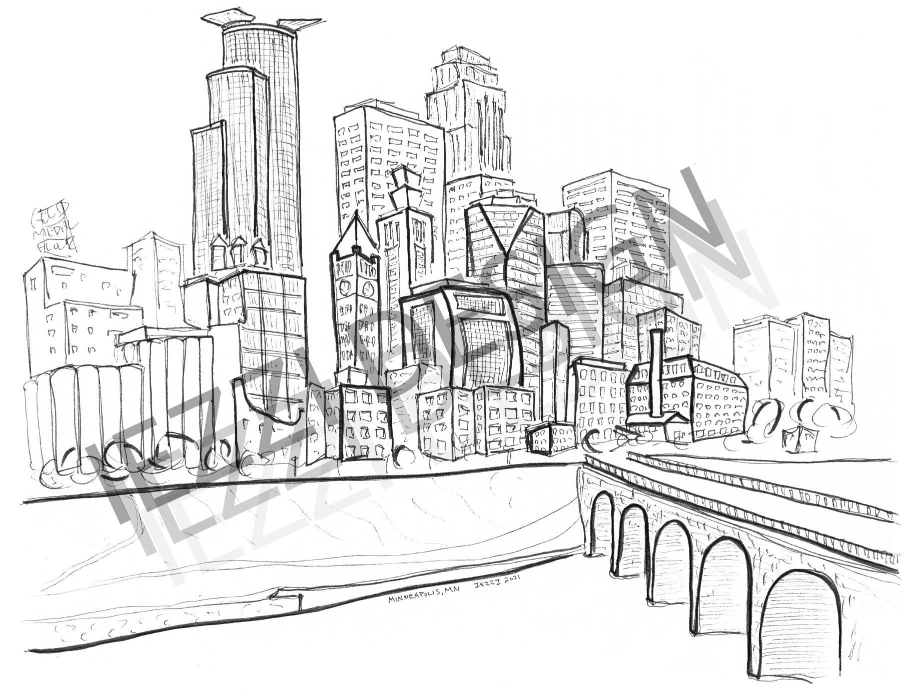 Minneapolis Skyline Sketch Art Print, Downtown Minneapolis MN Print ...