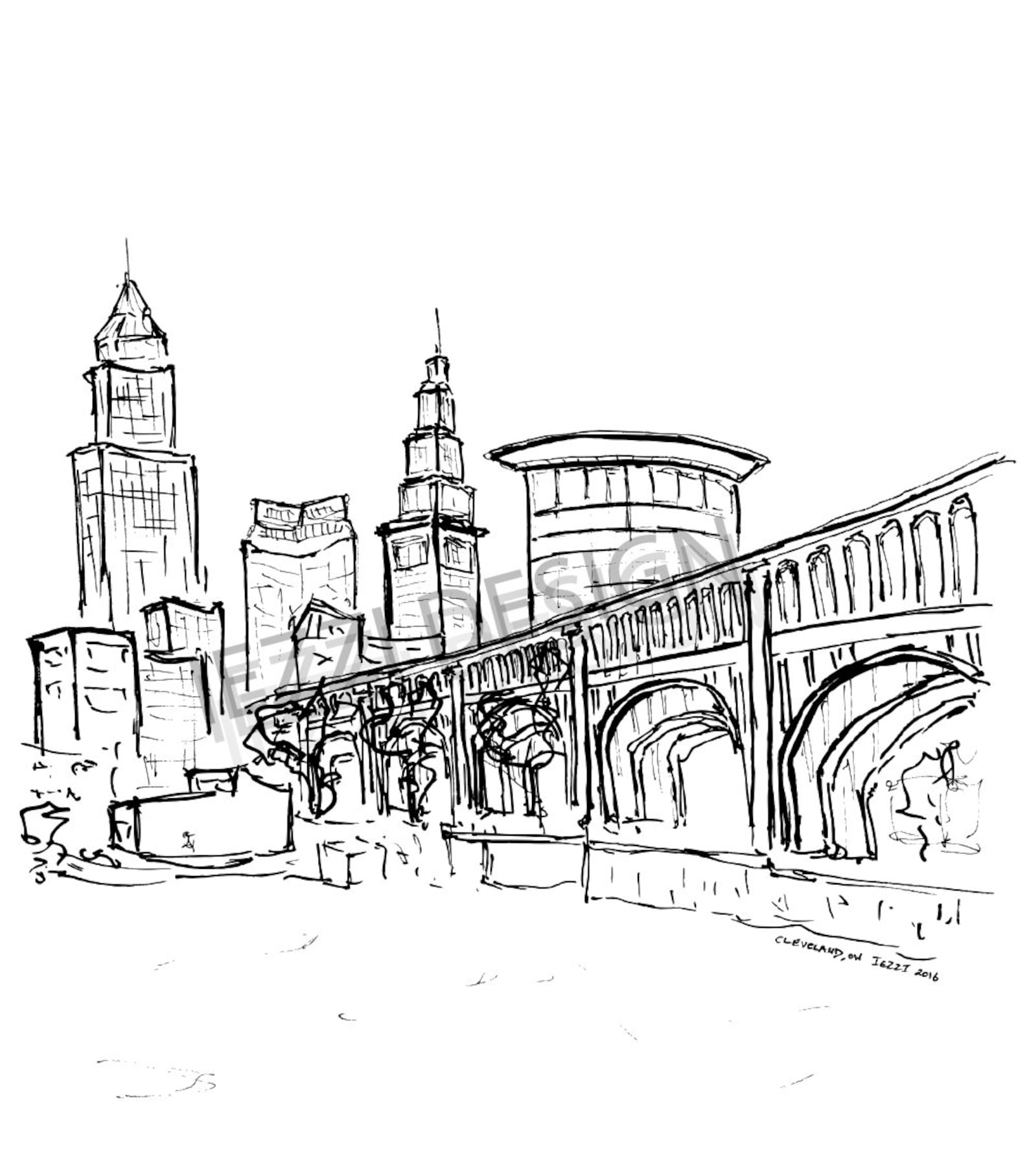 Cleveland Sketch Art Print, Cleveland Skyline, Bridge and Waterfront ...