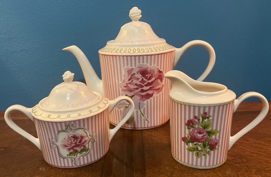 Laura Ashley Bone China Tea Set With Teapot Sugar and Creamer Pink and ...