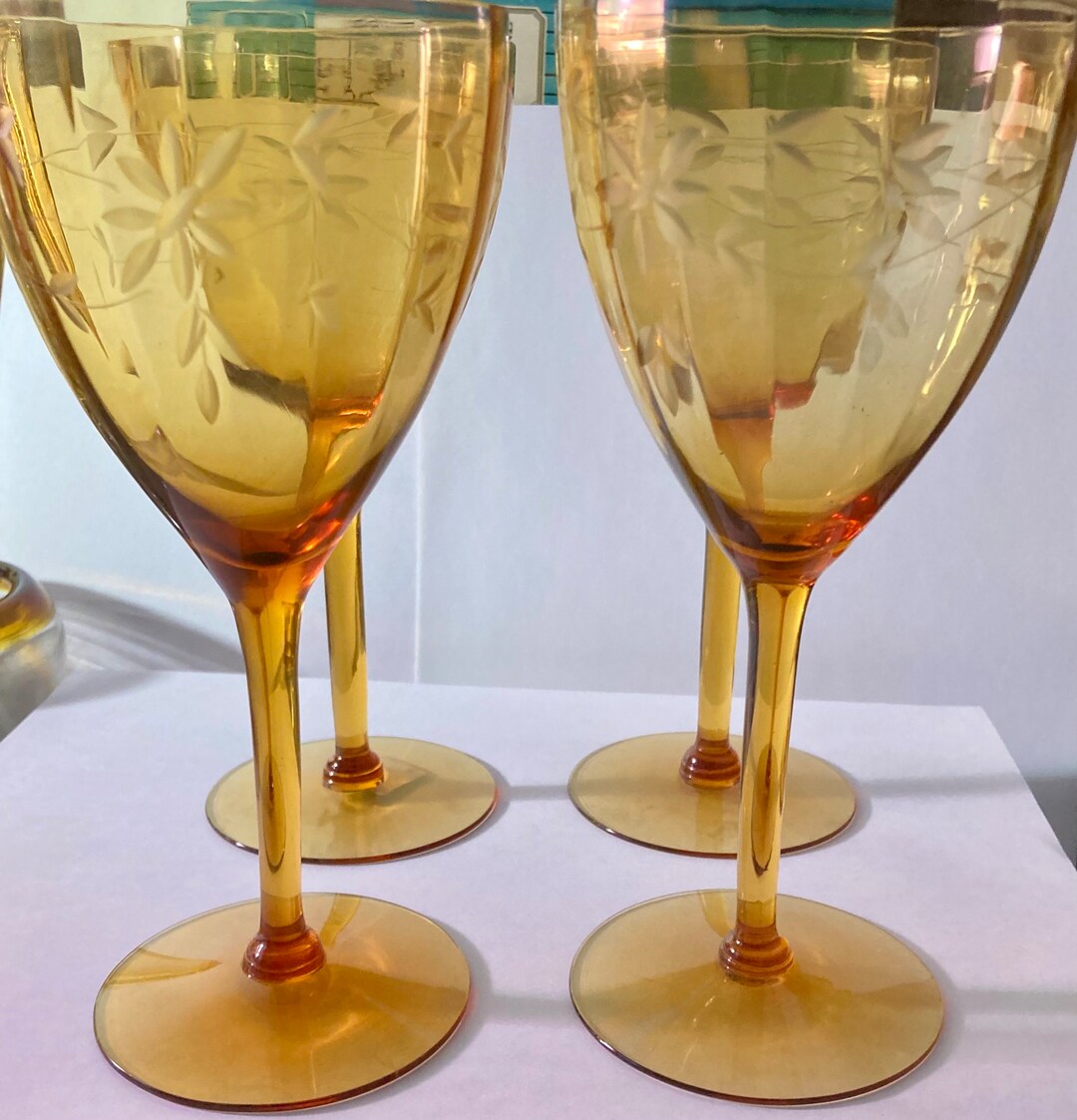 Vintage Topaz Depression Glass Cocktail Glasses, Floral Etched Optic ...