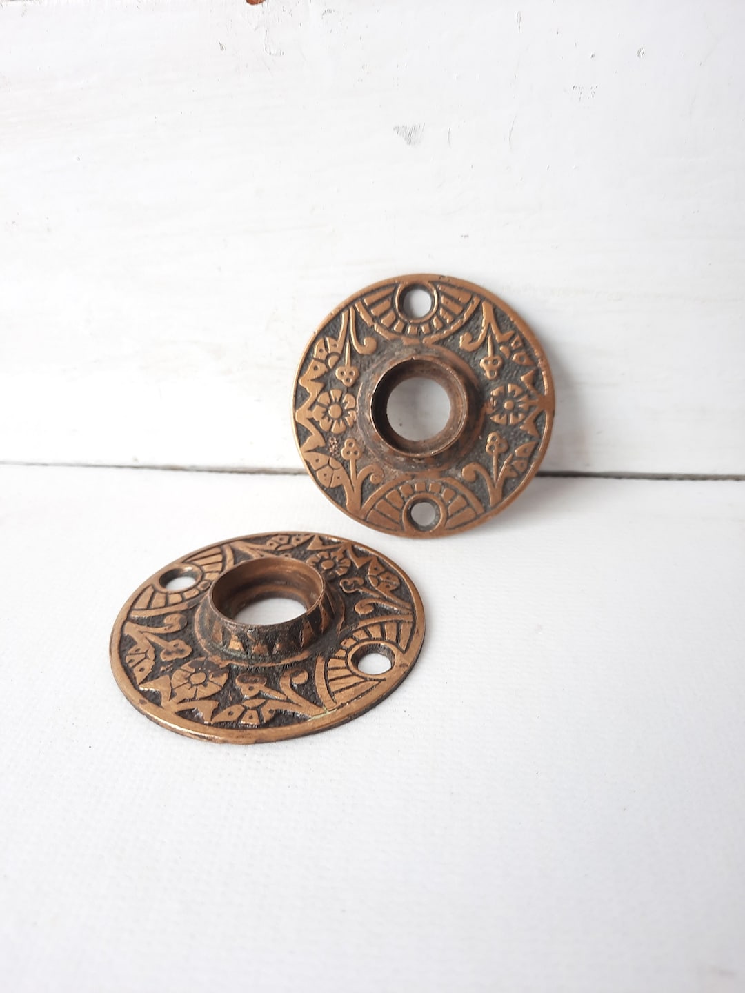Two Floral Design Eastlake Rosette Door Plates, Brass Flower ...