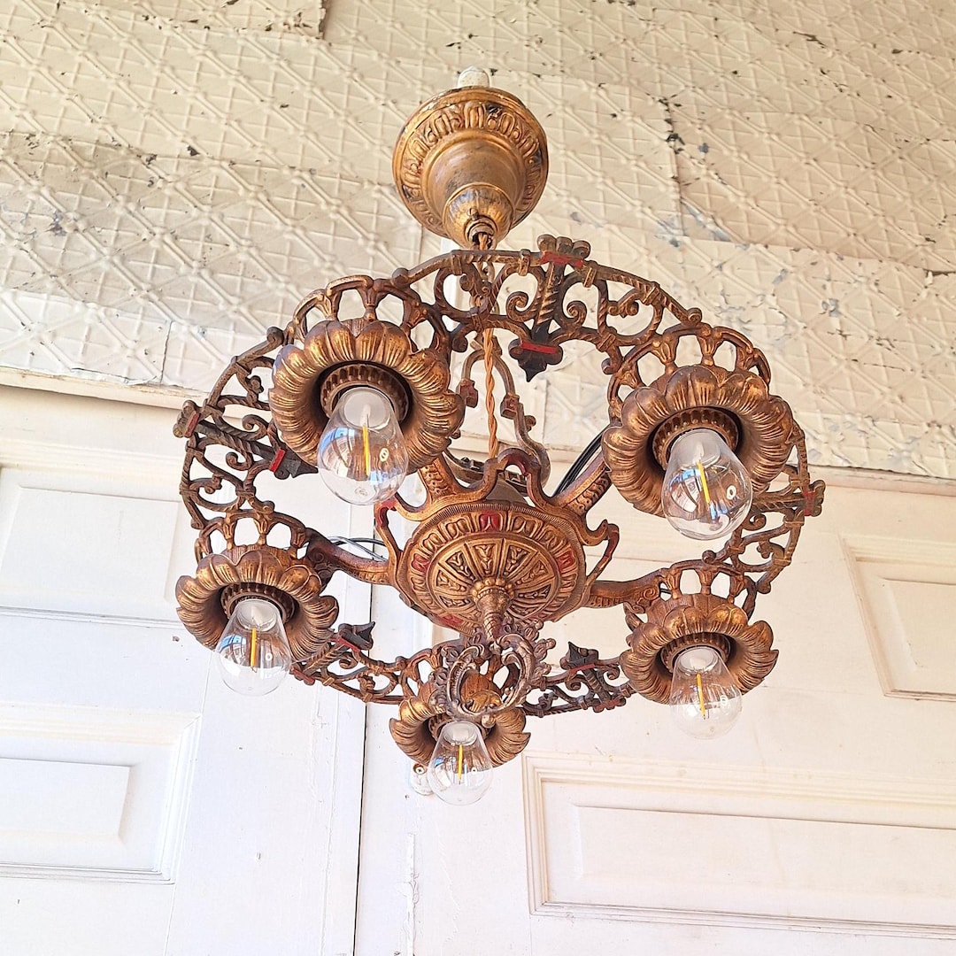 Art Deco Gold and Black Chandelier, Five Bulb Light, Antique Riddle ...