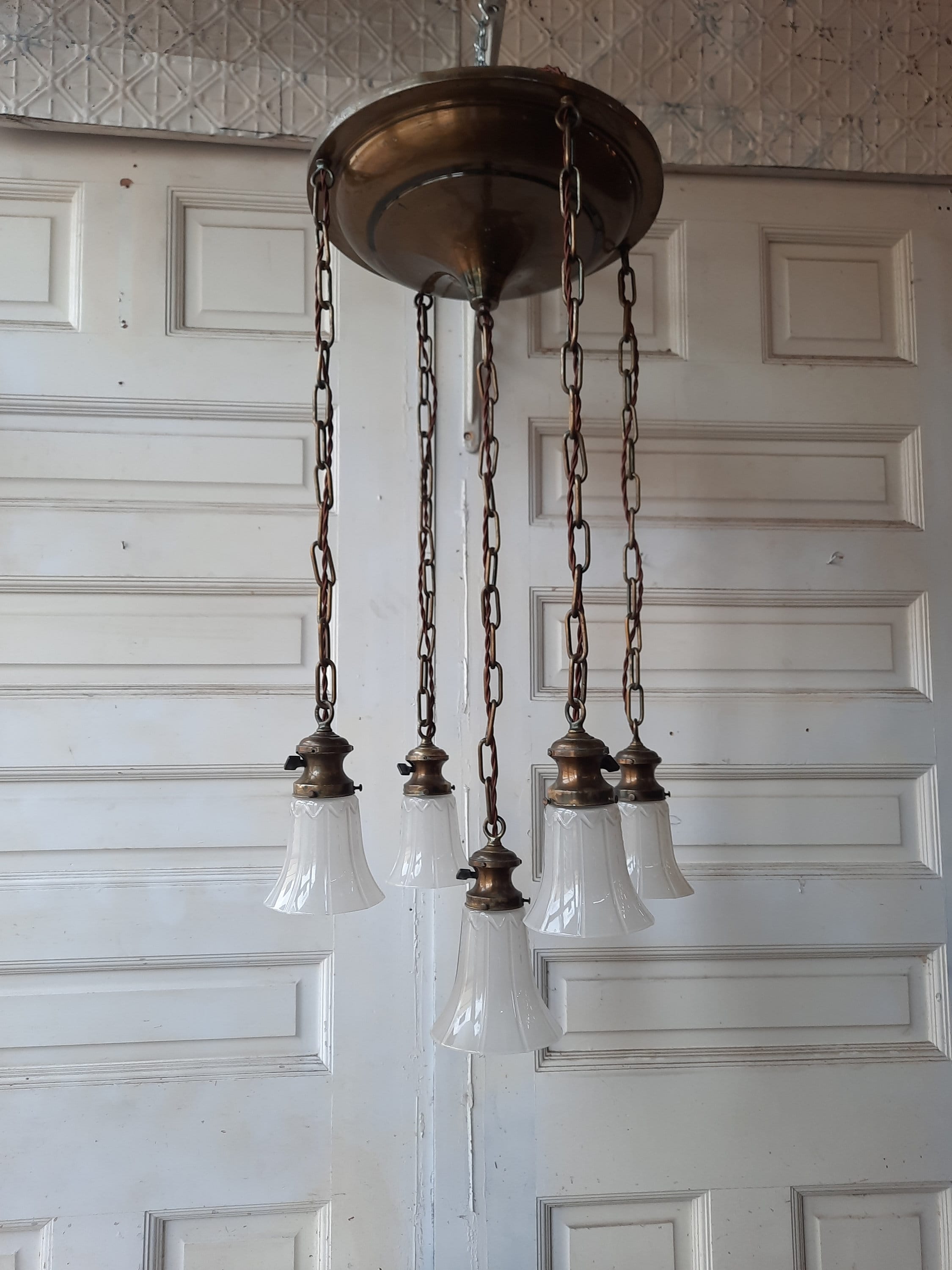 Antique Brass Pan Light With Five Hanging Sockets, Sheffield Style ...
