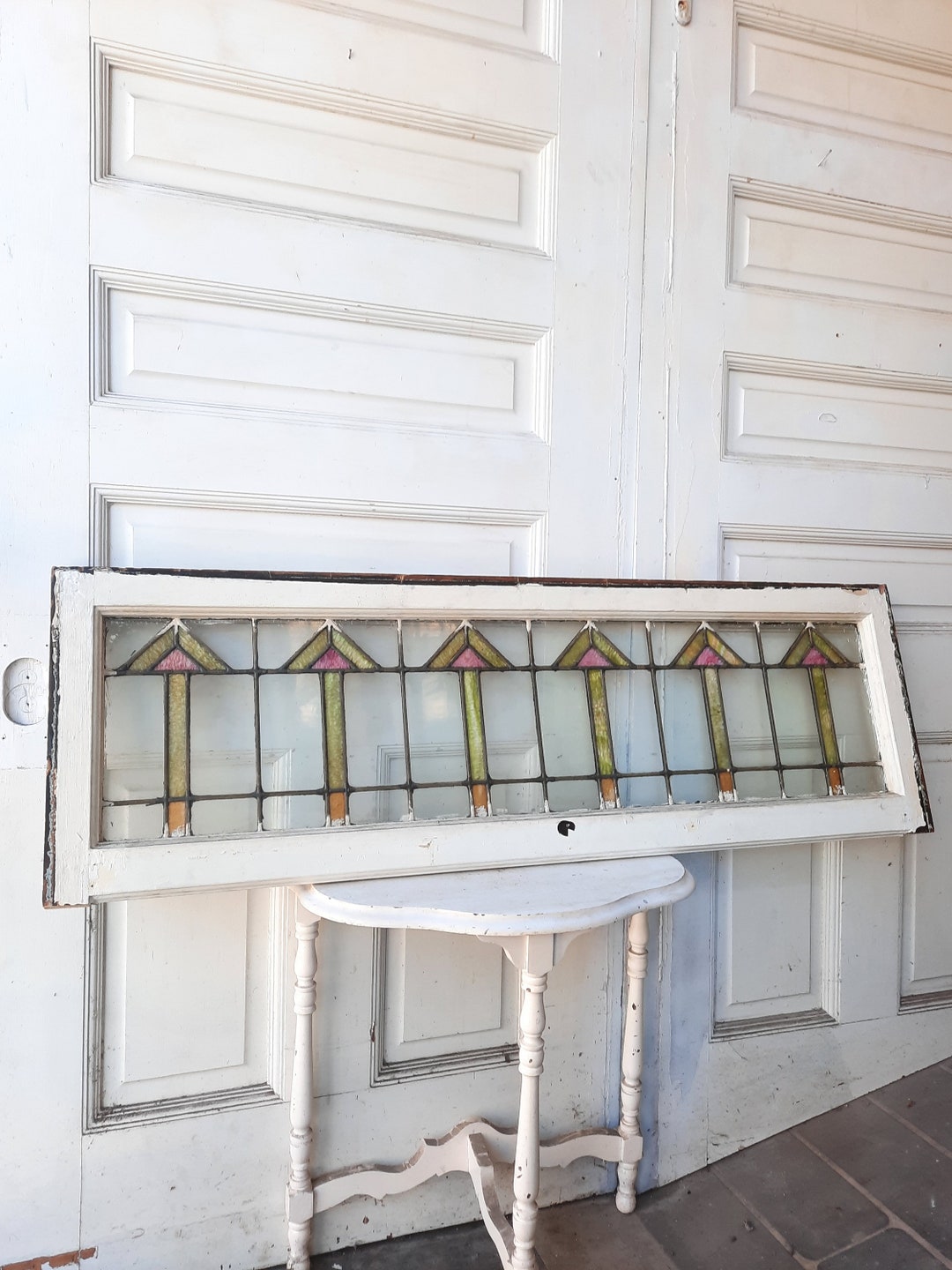 Arts and Crafts Style Stained Glass Window With Pink and Yellow Arrow ...
