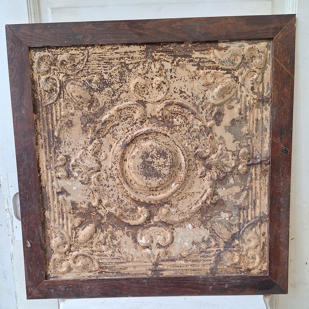 Framed Antique Tin Ceiling Tile With Round Center, Wall Hanging Antique Stamped Tin in Frame ...