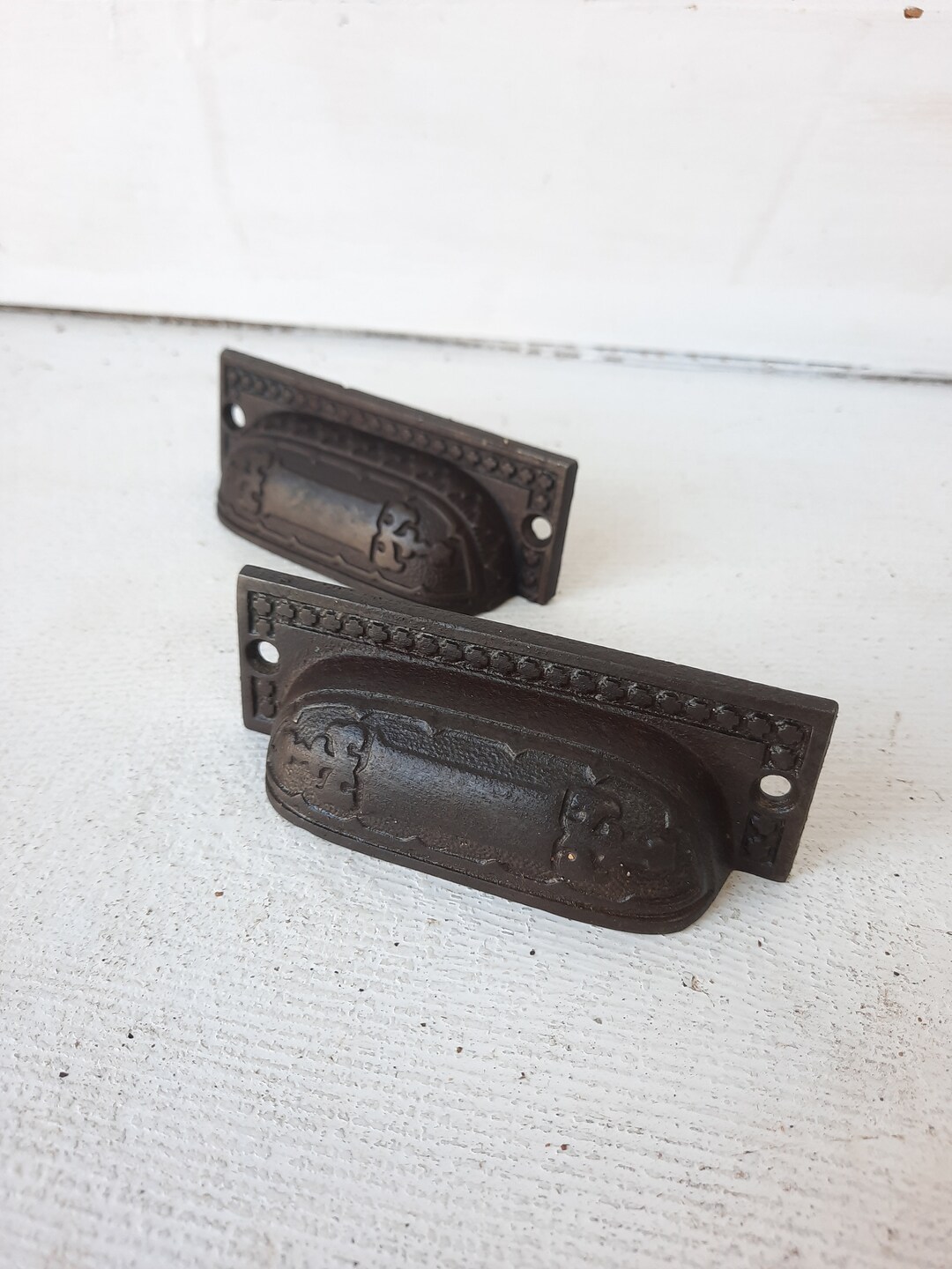 Two Fancy Cast Iron Handles or Pulls, Antique Cast Iron Ornate Iron ...