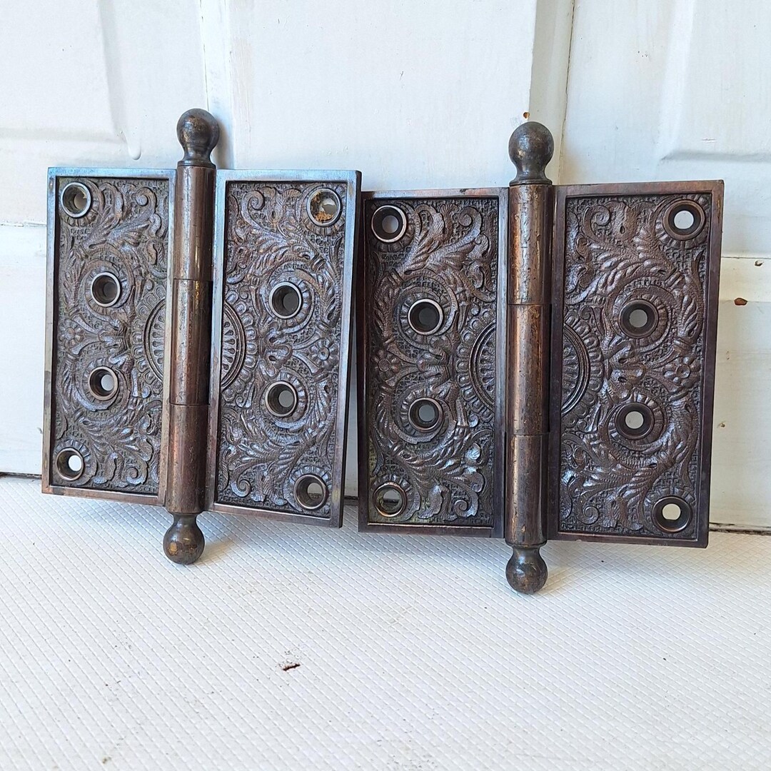 Pair of 4 1/2 Inch Hinges, Victorian Bronze Embossed Door Hinge, Fancy ...