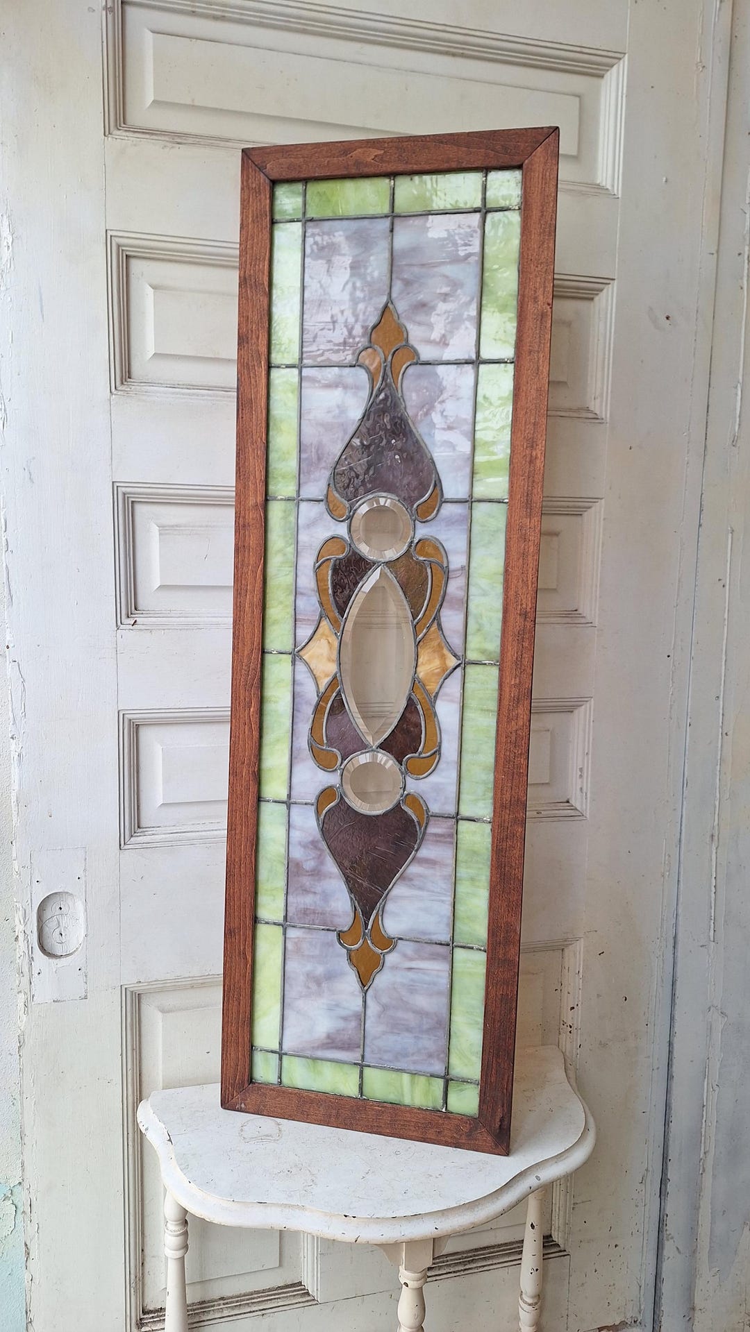 Beveled Leaded Glass Transom Window, Antique Purple and Green Stained ...
