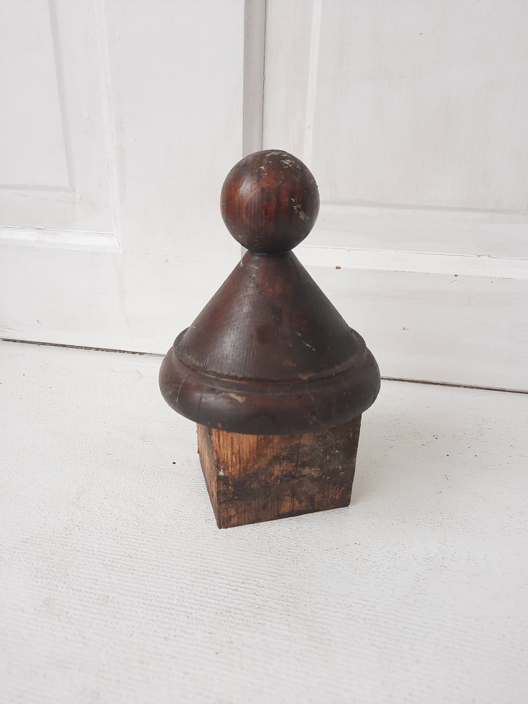 Turned Newel Post Finial Top, Antique Carved Wood Ball Finial, Ball ...