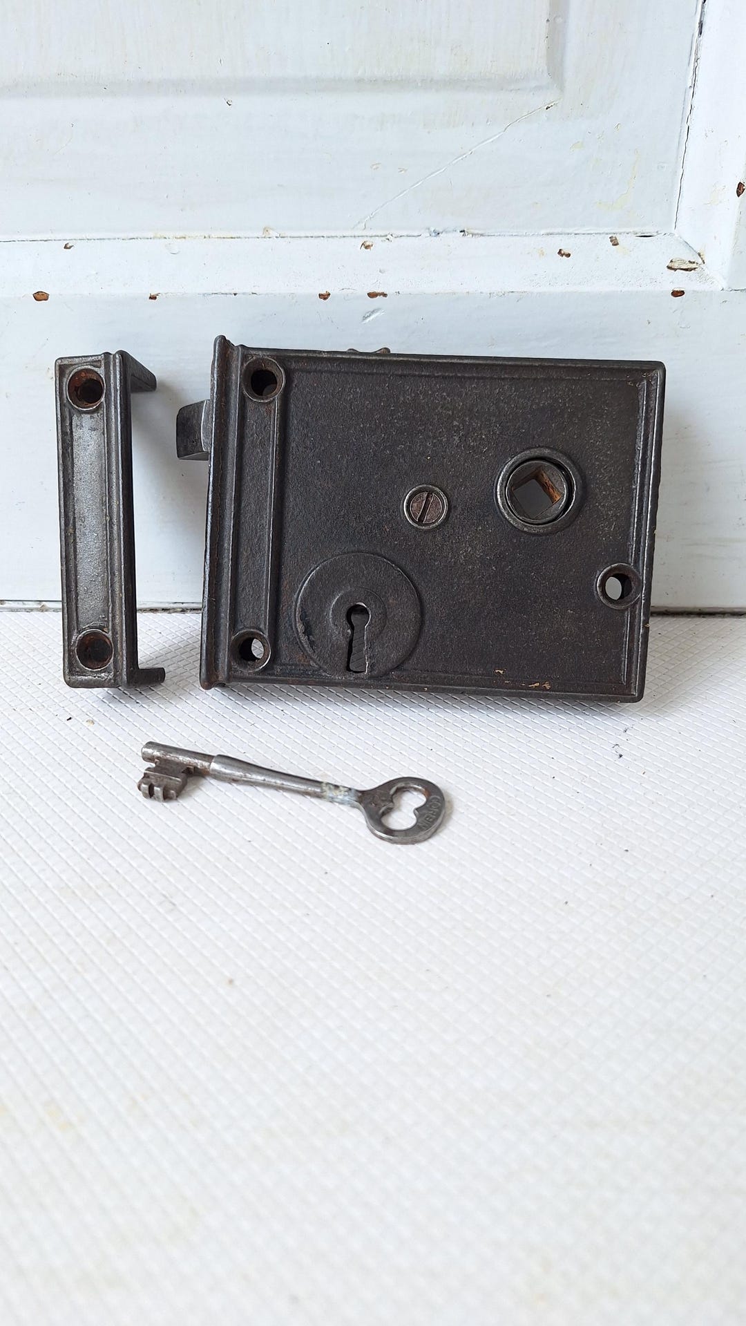 Antique Door Rim Lock and Keeper Set With Key, Cast Iron Surface Mount ...