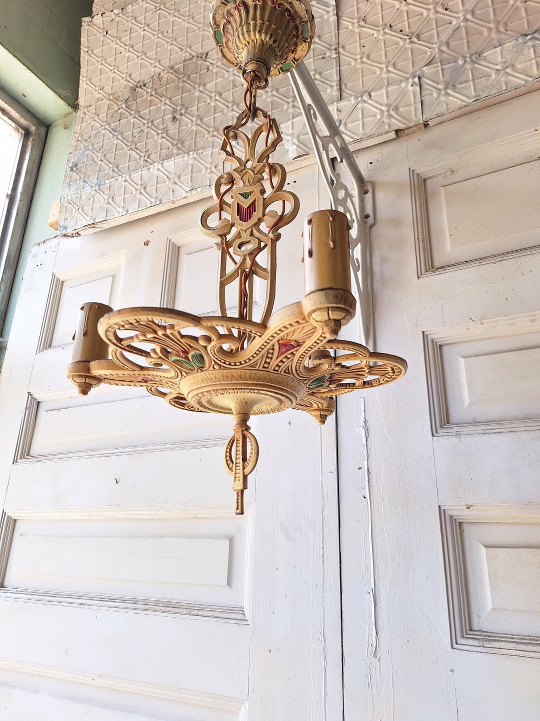 Art Deco Cream Color Chandelier, Three Bulb Light, Antique Riddle Light ...