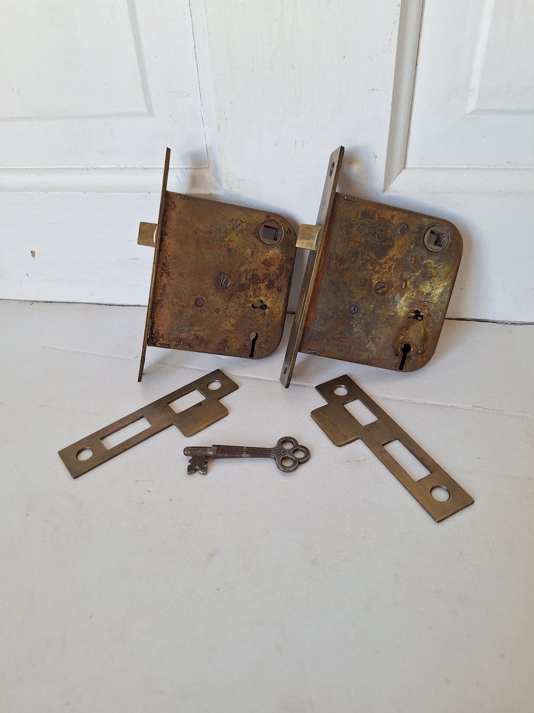 Two Antique Mortise Locks With Skeleton Key, Antique Keyed Door Lock ...