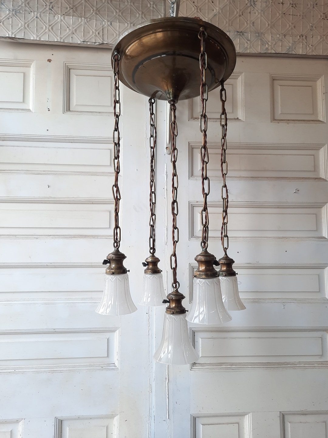 Antique Brass Pan Light With Five Hanging Sockets, Sheffield Style ...