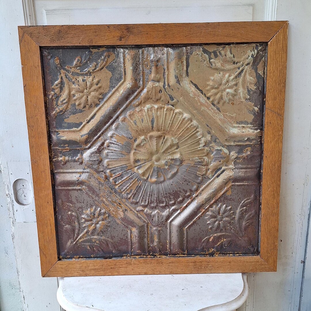 Framed Antique Tin Ceiling Tile With Flower Design, Wall Hanging ...