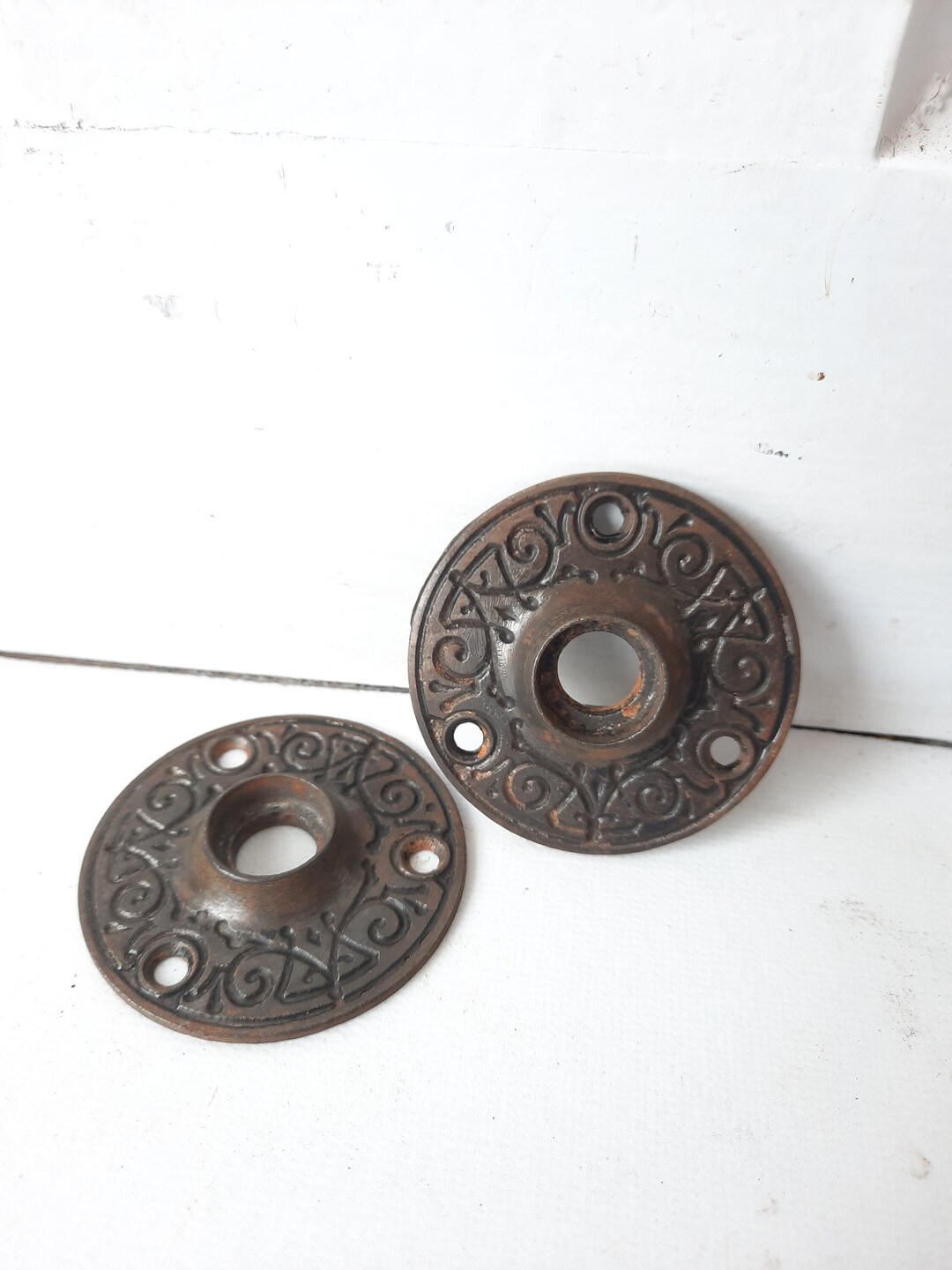 Two Scroll Line Design Rosette Door Plates, Iron Escutcheons, Cast Iron ...