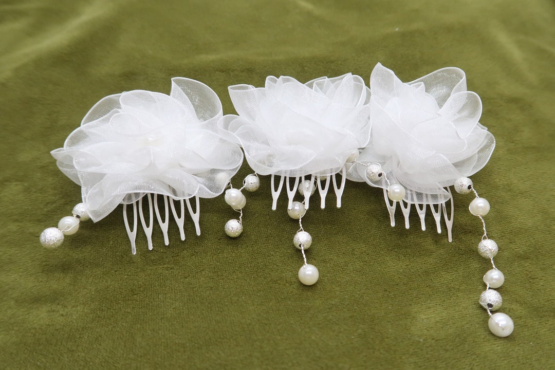 Set of 3 Decorative Combs-white Flowers in Organza-handmade-marriage ...