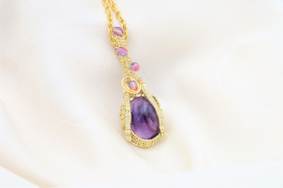Collier pendentif violet améthyste fil métallique doré - Etsy France