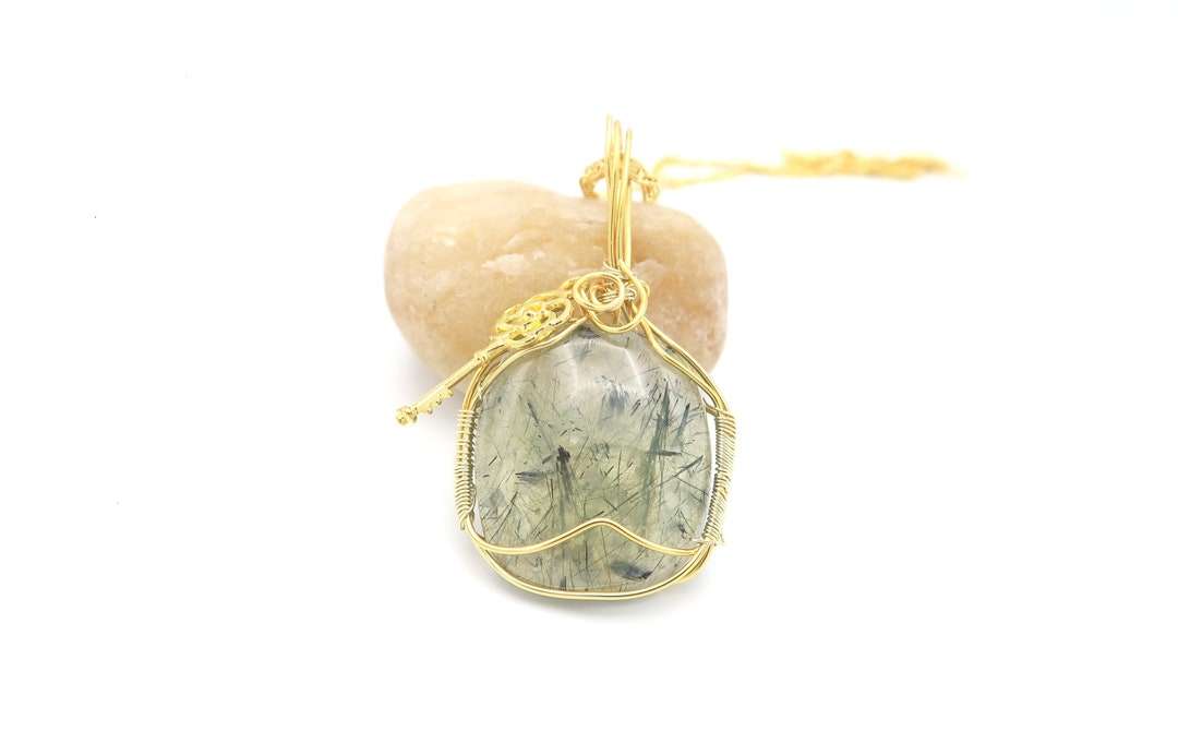 Necklace, green and golden pendant, prehnite, golden wire wrapping ...