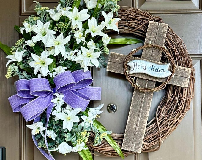 Easter Wreath With Cross - He is Risen Easter Wreath- Rustic Grapevine ...
